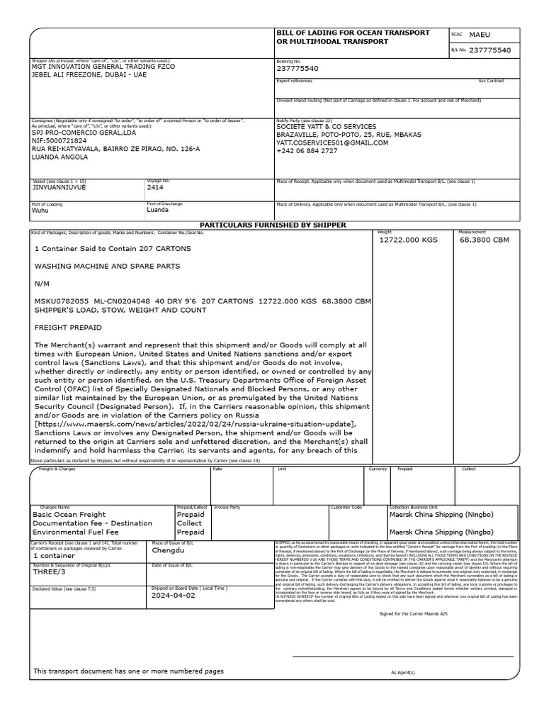 Bill of Lading For Ocean Transport or Multimodal Transport | PDF | Bill ...