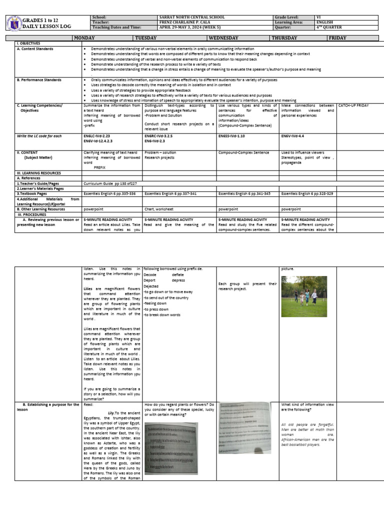 DLL - English 6 - Q4 - W4 | PDF | Communication | Mary, Mother Of Jesus DLL - English 6 - Q4 - W4 | PDF | Communication | Mary, Mother Of Jesus