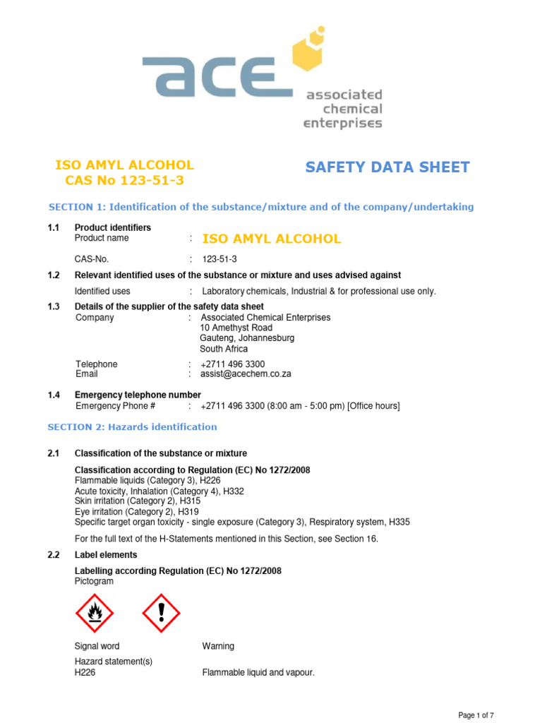 Amyl Alcohol SDS | PDF | Toxicity | Occupational Safety And Health