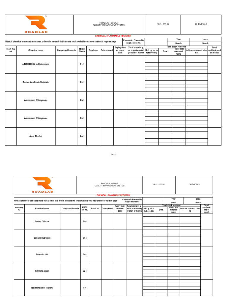 Chemical flammable register | PDF | Sodium Hydroxide | Chemical Substances