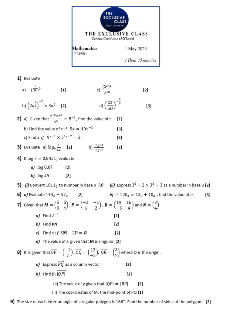 O'Level Mathematics Exam Questions | PDF | Differential Geometry ...