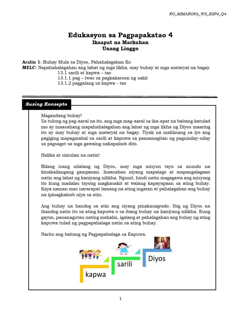 EsP4 - Q4 - wk1 - Buhay Mula Sa Diyos, Pahahalagahan Ko | PDF