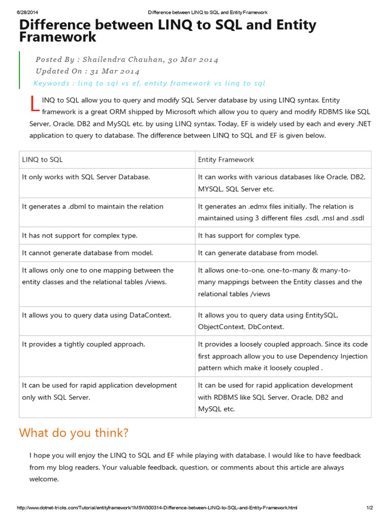 Difference Between LINQ To SQL and Entity Framework | PDF | Entity Framework | Language ...