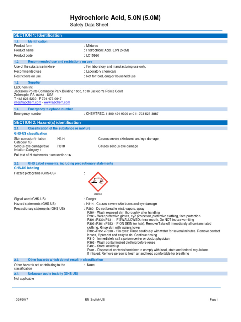 HYDROCHLORIC ACID 5N.pdf Les | PDF | Firefighting | Toxicity