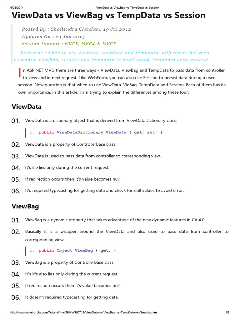 ViewData vs ViewBag vs TempData vs Session | PDF | Active Server Pages ... ViewData vs ViewBag vs TempData vs Session | PDF | Active Server Pages ...