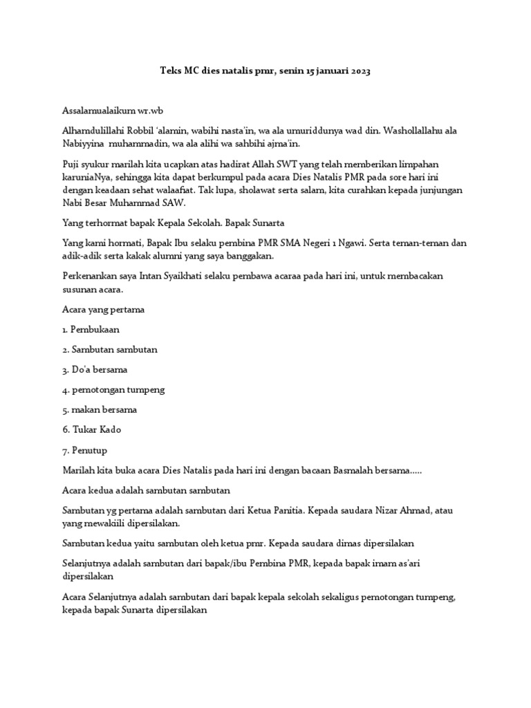 Teks MC Dies Natalis pmr-1 | PDF