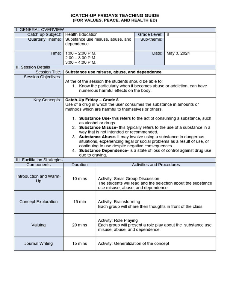 CATCHup FRIDAYS Teaching Guide | PDF | Substance Abuse | Stress Management