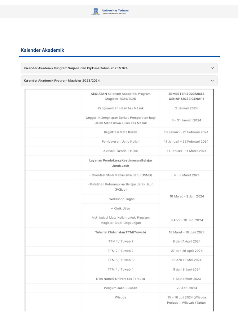 Kalender Akademik - Universitas Terbuka | PDF