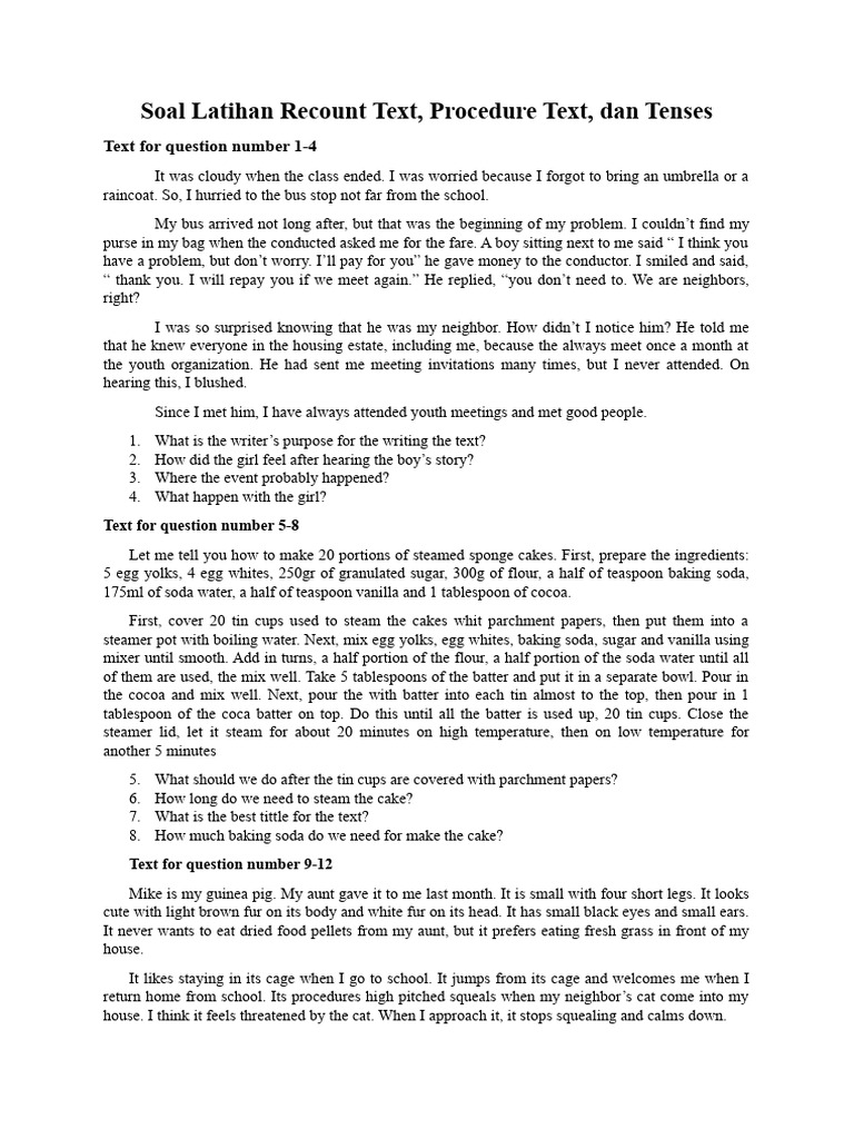 Soal Latihan Recount Text, Procedure Text, Dan Tense | PDF | Cakes