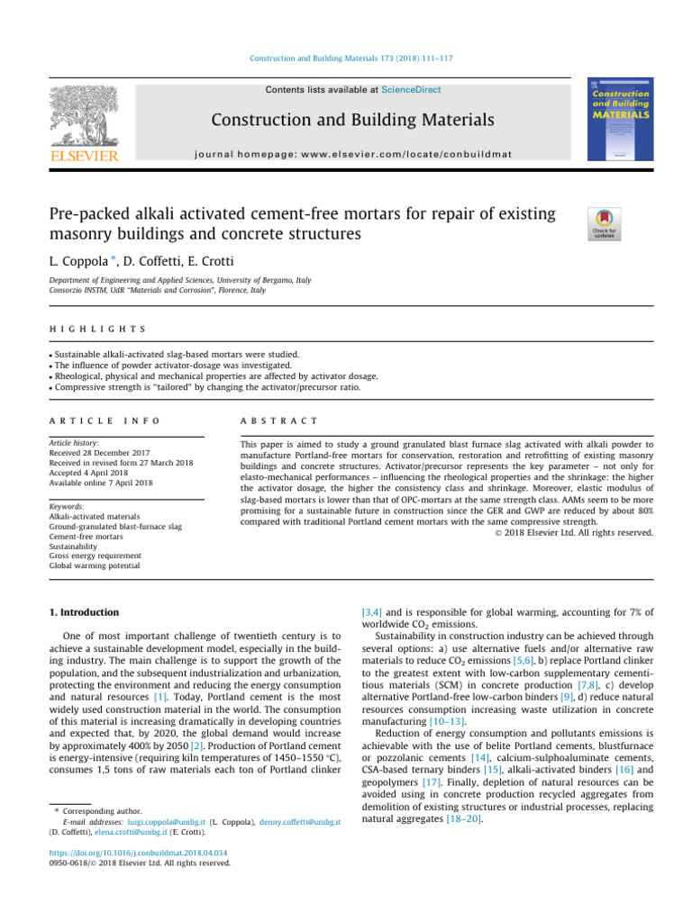 Pre-Packed Alkali Activated Cement-Free Mortars For Repair of Existing ...