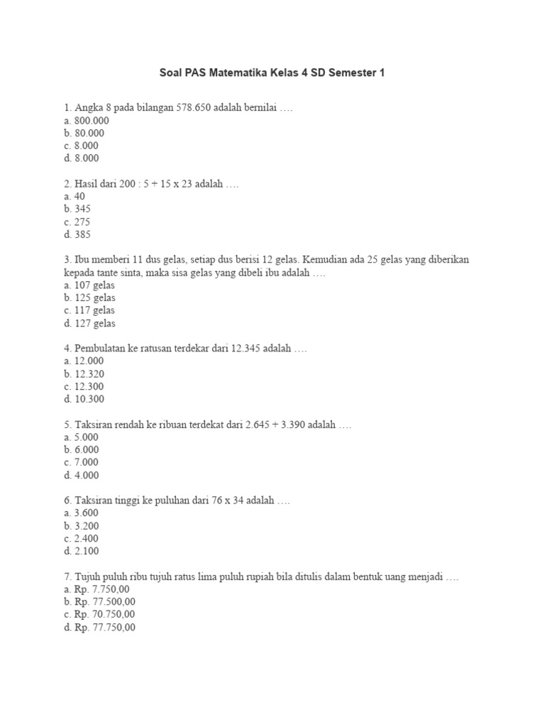 Soal PAS Matematika Kelas 4 SD Semester 1 | PDF