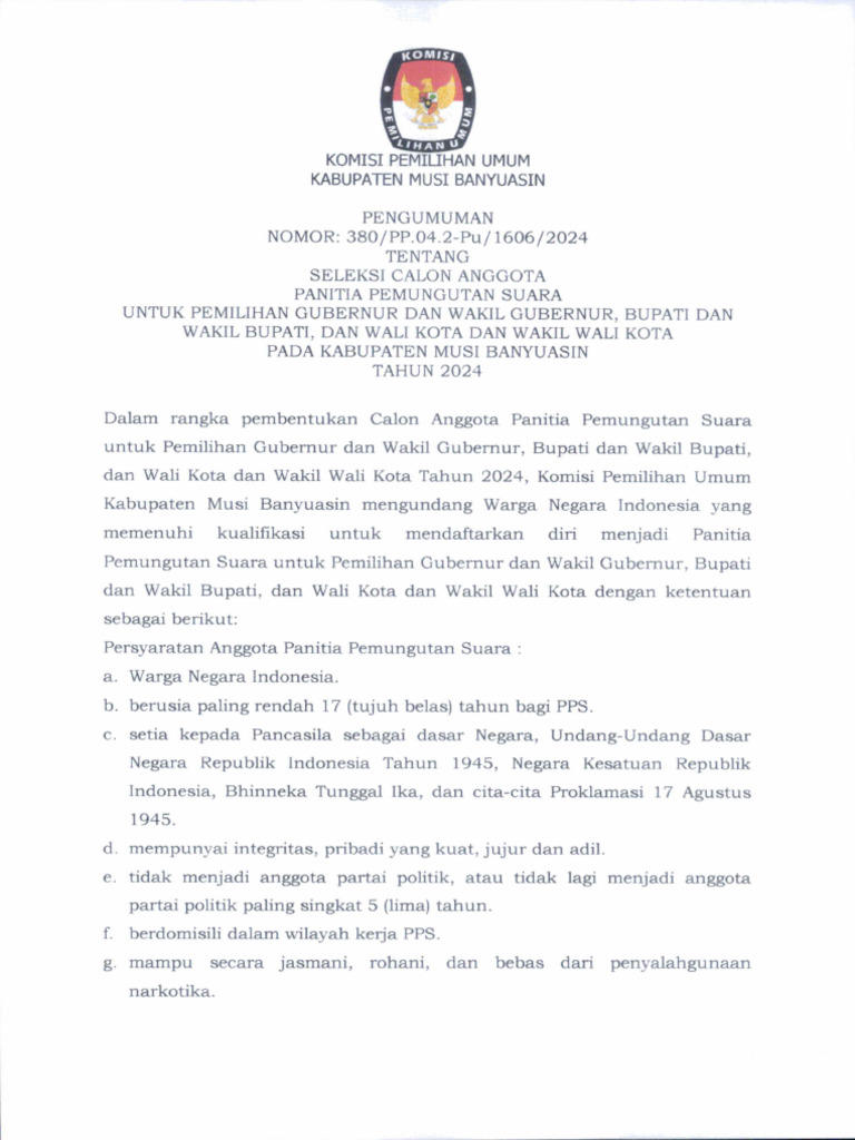 380 Pengumuman Seleksi Calon PPS Untuk Pilkada 2024 | PDF