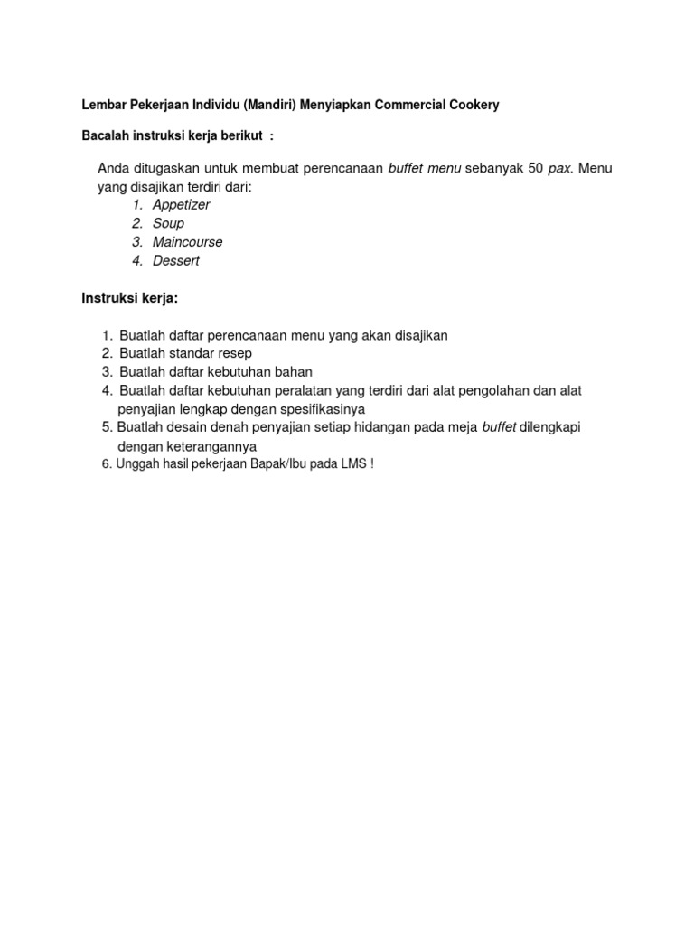 Lembar Pekerjaan Individu Menyiapkan Commercial Cookery | PDF