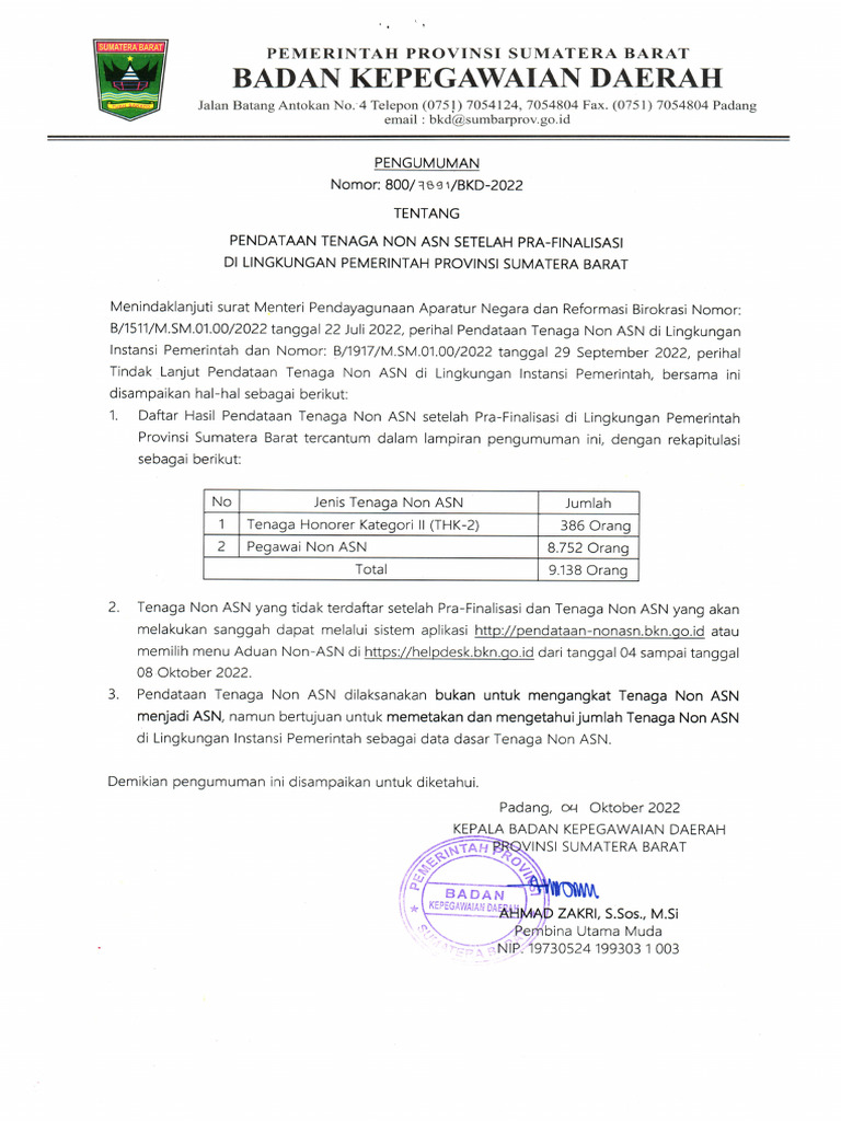 Pendataan Non ASN Pemprov Sumbar Tahun 2022 | PDF