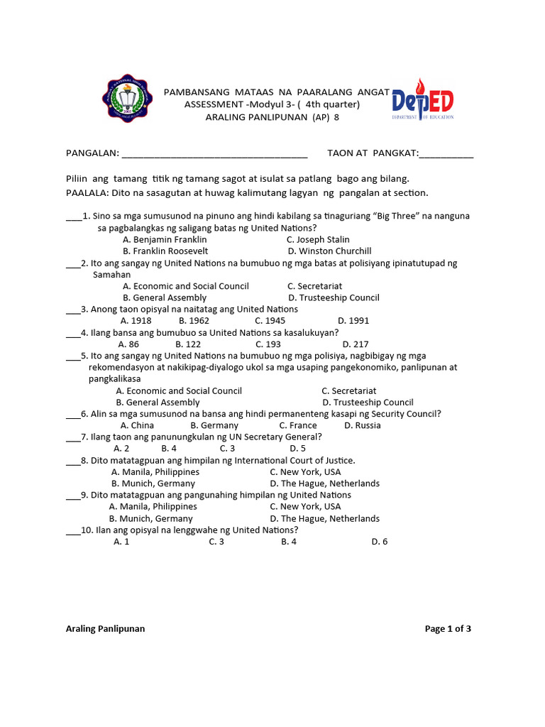 Assessment Grade 8 Modyul 3 4th Quarter | PDF