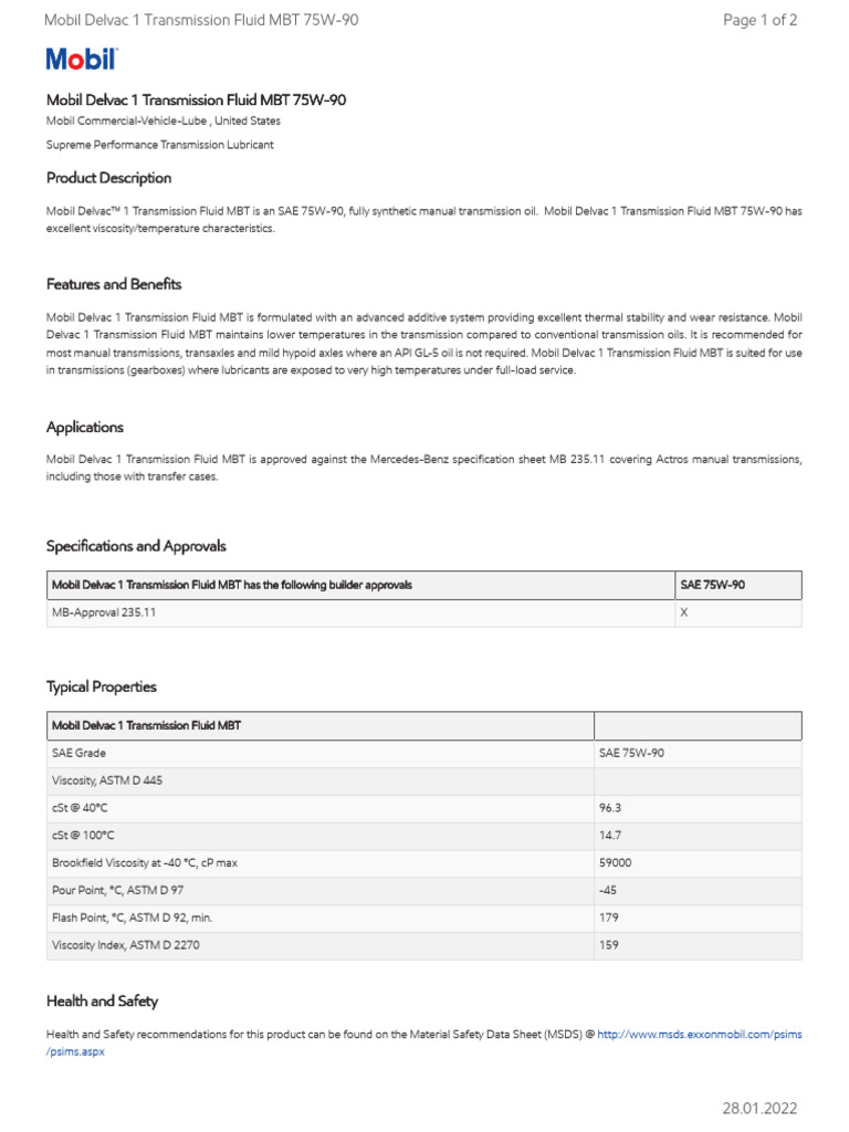 GL XX Mobil Delvac 1 Transmission Fluid MBT 75W90 | PDF | Exxon Mobil ...