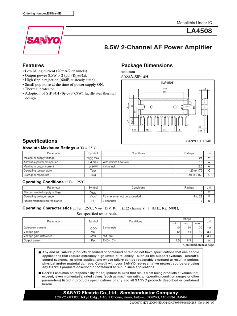 LA4508 IC Specifications | PDF | Capacitor | Electrical Engineering
