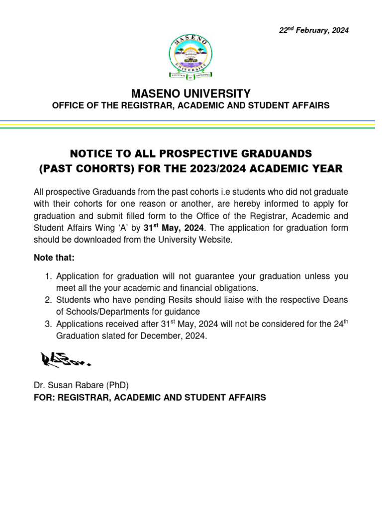 Notice To All Prospective Graduands Past Cohorts For The 2023-2024 Academic Year | PDF