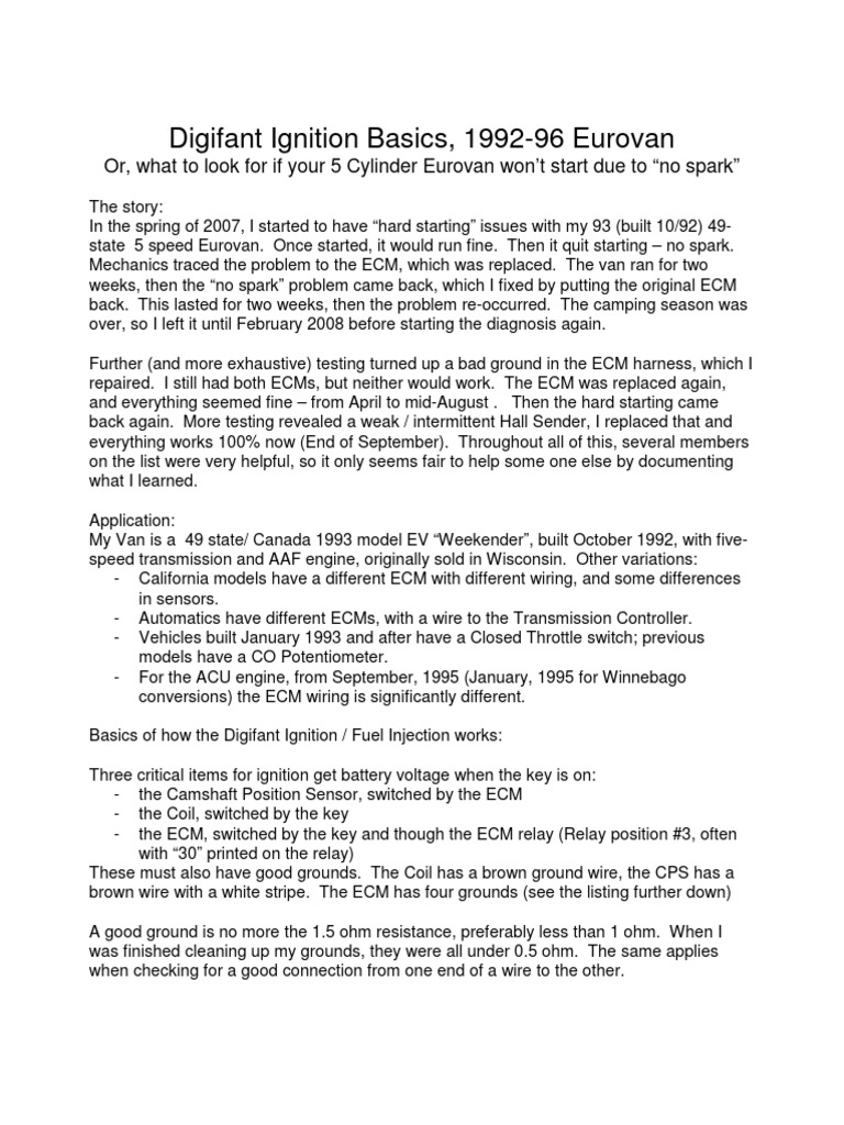 Eurovan Digifant Injection 92-96 | PDF | Throttle | Electrical Connector