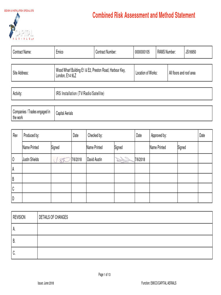 Risk Assesment and Method Statement Wood Wharf Buiding E1 | PDF | Risk ...