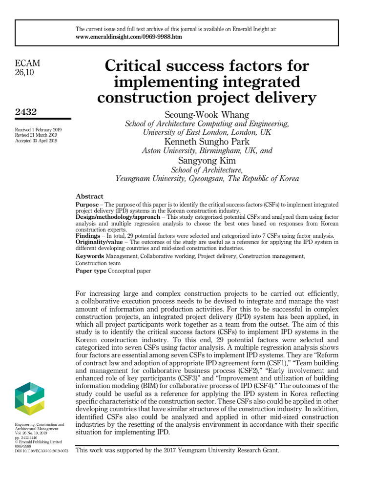 Critical Success Factors For Implementing Integrated Construction Project Delivery | PDF ...