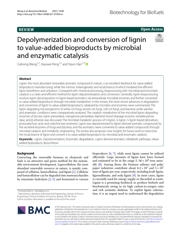 Depolymerization and Conversion of Lignin To Value-Added Bioproducts by Microbial and Enzymatic ...