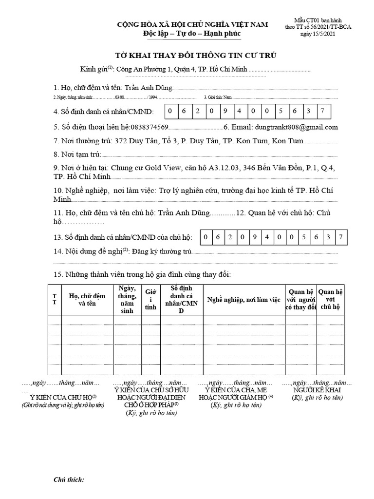 CT01 Tờ Khai Thay Đổi Thông Tin Cư Trú | PDF