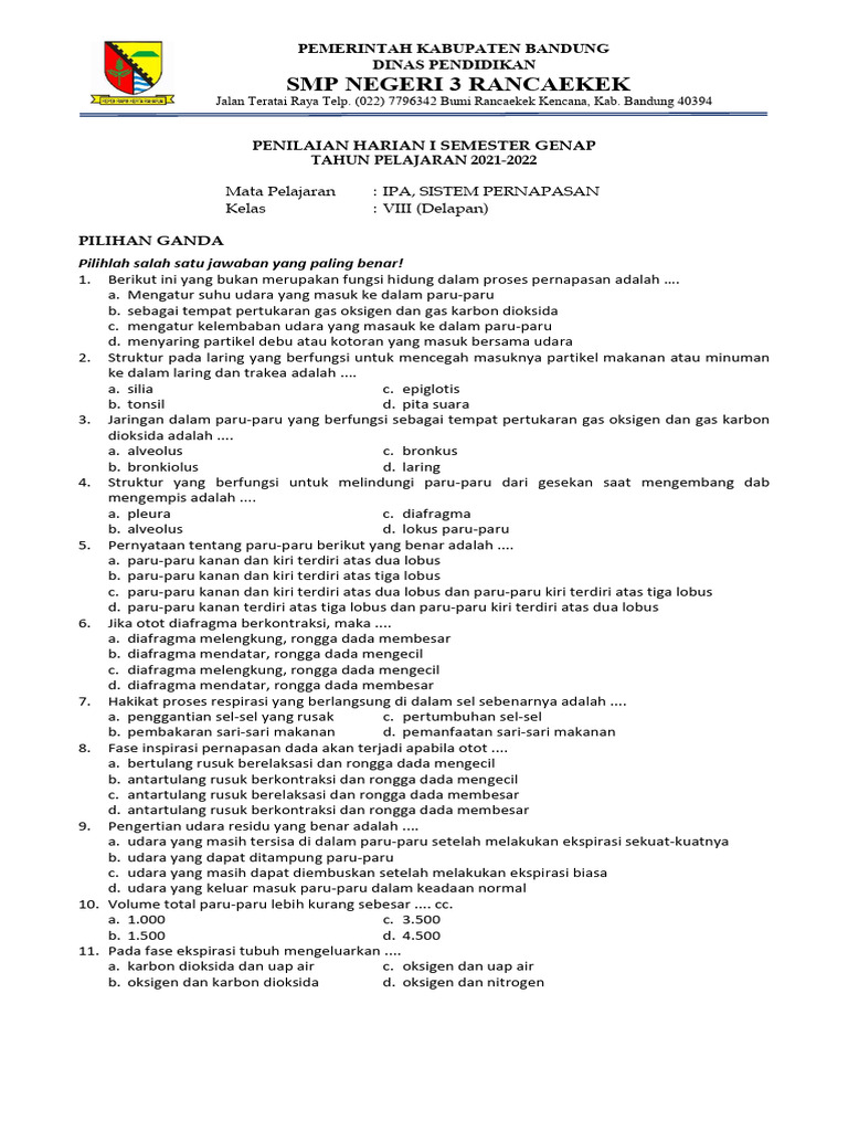 Penilaian Harian IPA Kelas VIII: Sistem Pernapasan | PDF