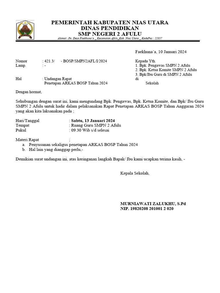 Surat Undangan Rapat Arkas 2024 | PDF