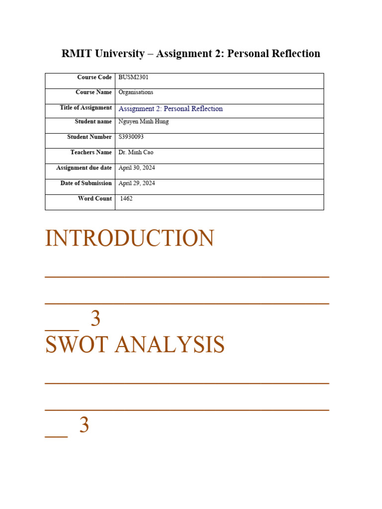 Nguyen Minh Hung - S3930093 - Assignment 2 Personal Reflection | PDF ...