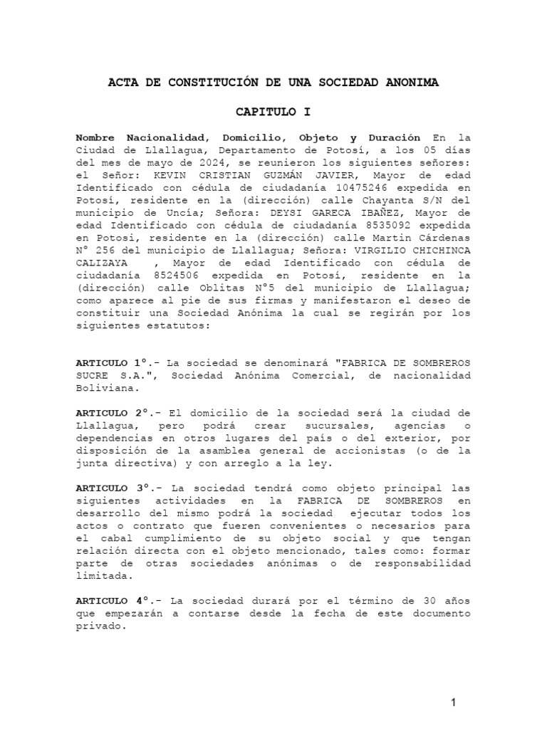 Acta de Constitución de Una Sociedad Anonima Deysi (1) - 1 | PDF | Compartir (Finanzas ...