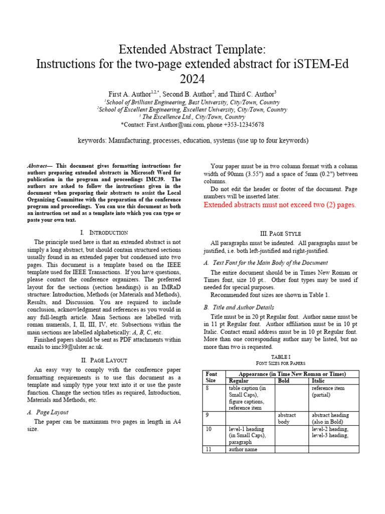 iSTEMED 2024 Extended Abstract Template | PDF | Page Layout | Abstract (Summary)