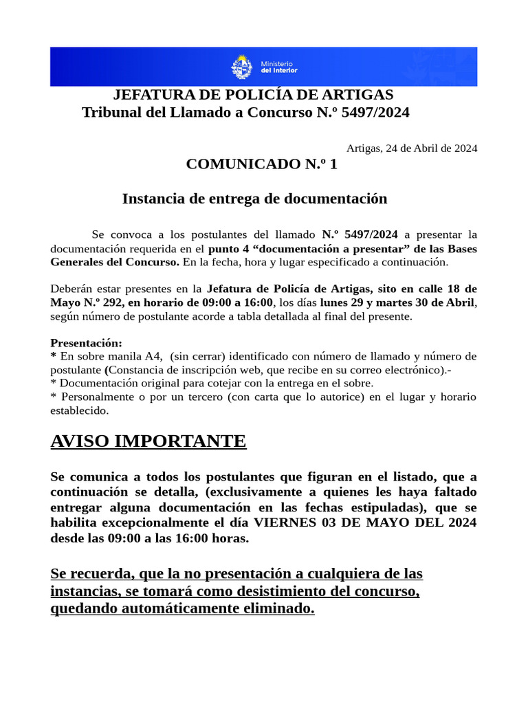 Entrega Documentos Concurso Policía Artigas | PDF