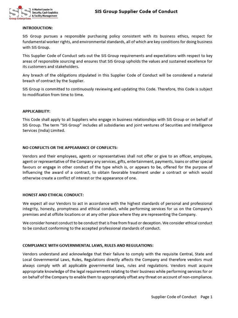 ANNEXURE I - SIS Supplier Code of Conduct | PDF | Intellectual Property ...