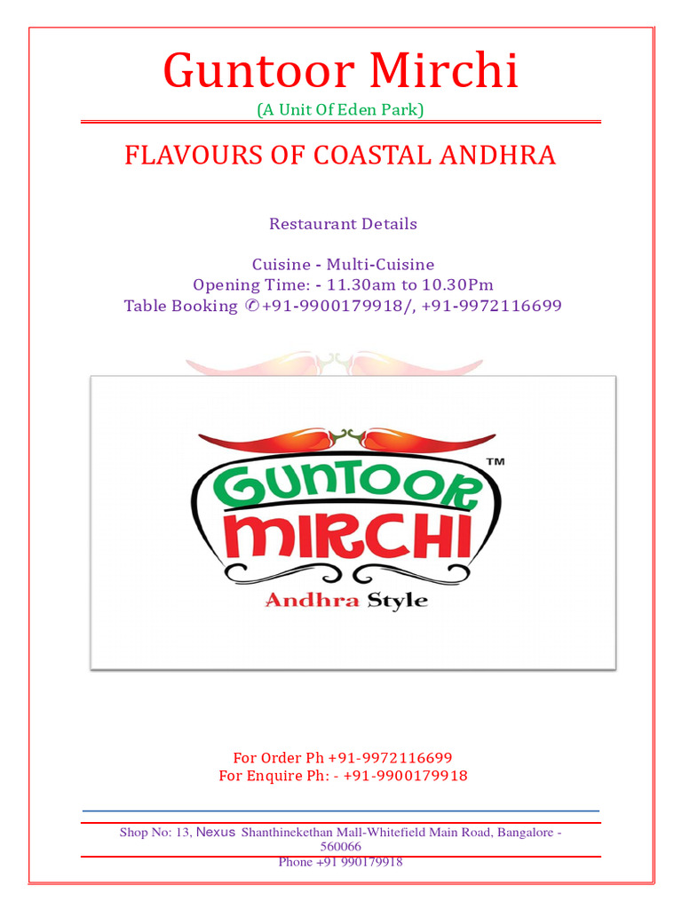 Guntoor Mirchi Menu 2024 | PDF | Indian Cuisine | Desi Cuisine