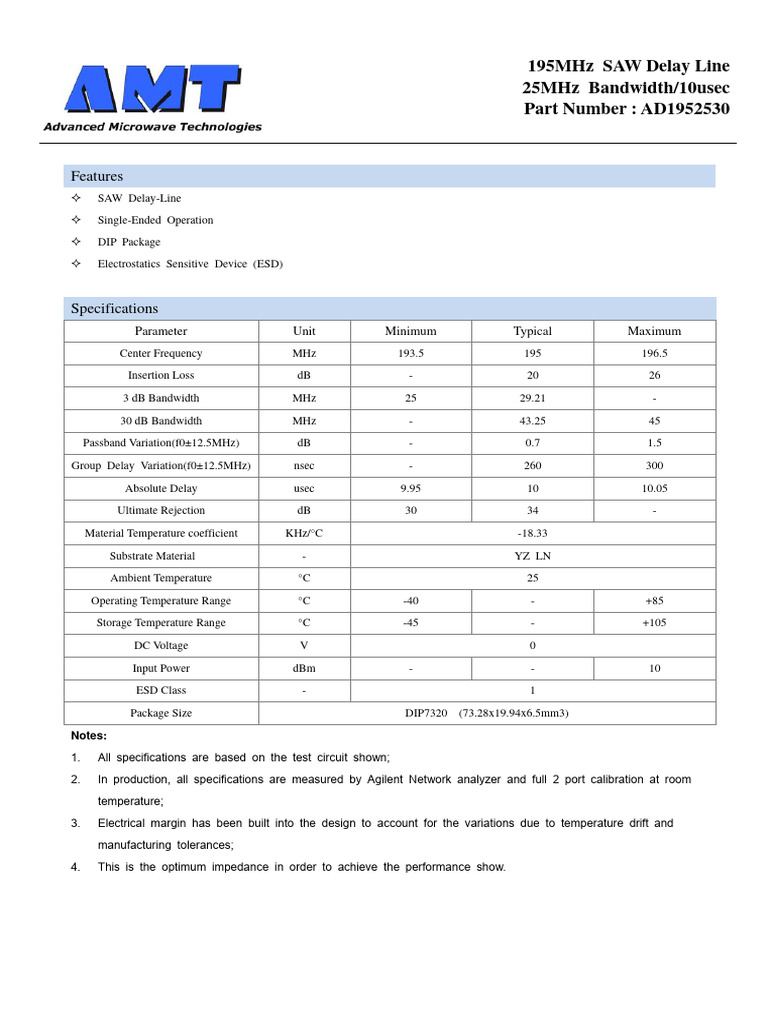 195MHz SAW Delay Line Specifications | PDF | Bandwidth (Signal ...