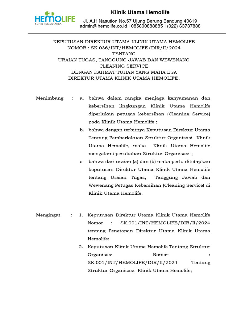 Uraian Tugas, Tanggung Jawab Dan Wewenang Cleaning Service Hemolife | PDF