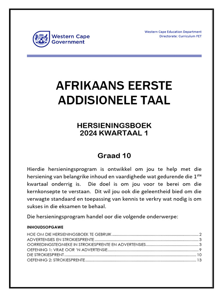 Graad 10 Afrikaans EAT HERSIENINGSBOEK KW 1 - 2024 | PDF