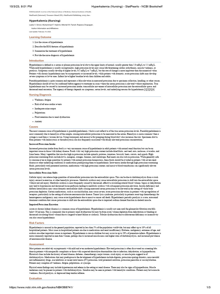 Hyperkalemia (Nursing) - StatPearls - NCBI Bookshelf | PDF | Medical ...