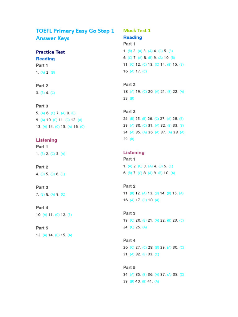 TOEFL Primary Easy Go (Step 1) Answer Keys | PDF | Test Of English As A ...