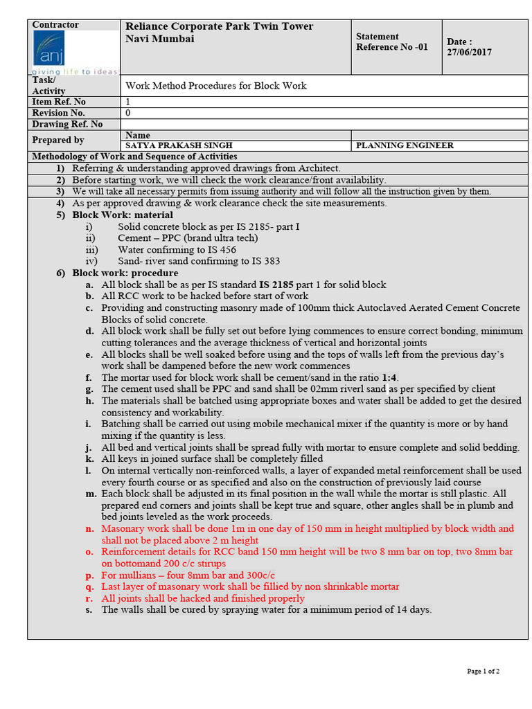 METHOD STATEMENT OF Block Work | PDF | Concrete | Masonry