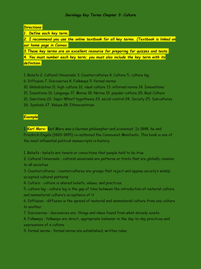 Sociology Culture Terms Guide | PDF | Society | Karl Marx