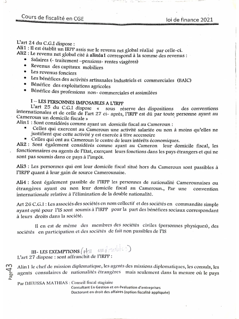 Cours IRPP Fiscalité Camerounaise | PDF