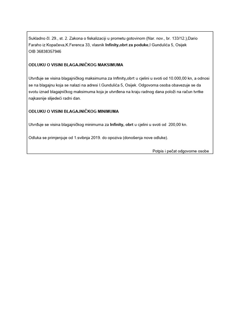 Interni Akt Blagajnicki Maksimum-Minimum | PDF