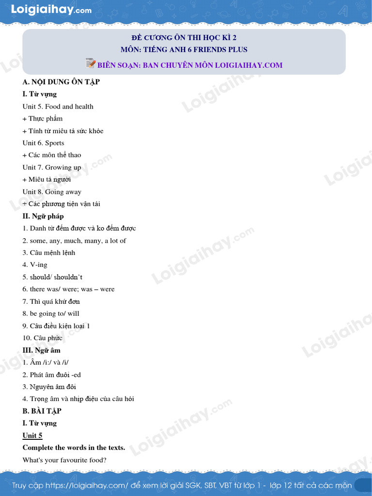 De Cuong On Tap hk2 Tieng Anh 6 Friends Plus | PDF | Cuisine | Foods