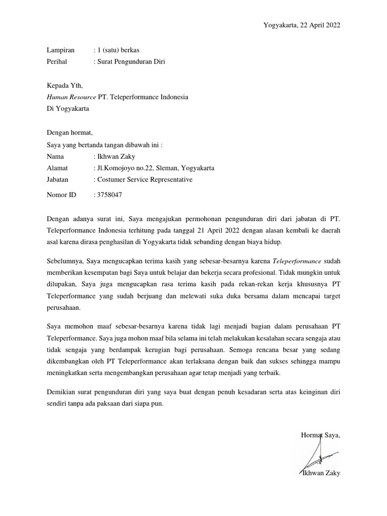 Teleperformance Resignation Letter (Contoh)-dikonversi | PDF