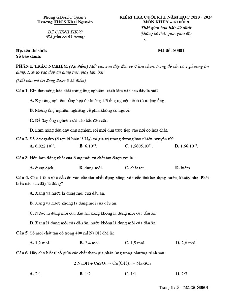 ISP - KHTN 8 - DETHI - HKI - 2324-S0801 - Khai Nguyen THCS | PDF