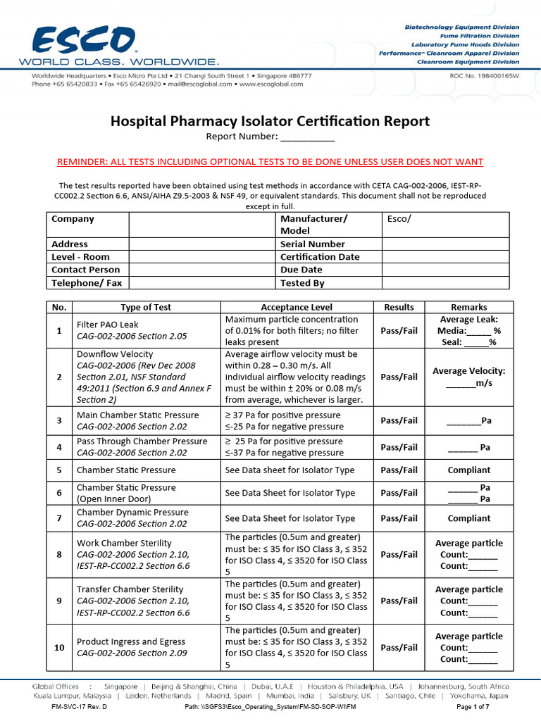 FM-SVC-17-D Hospital Pharmacy Isolator Certification Report - Esco ...