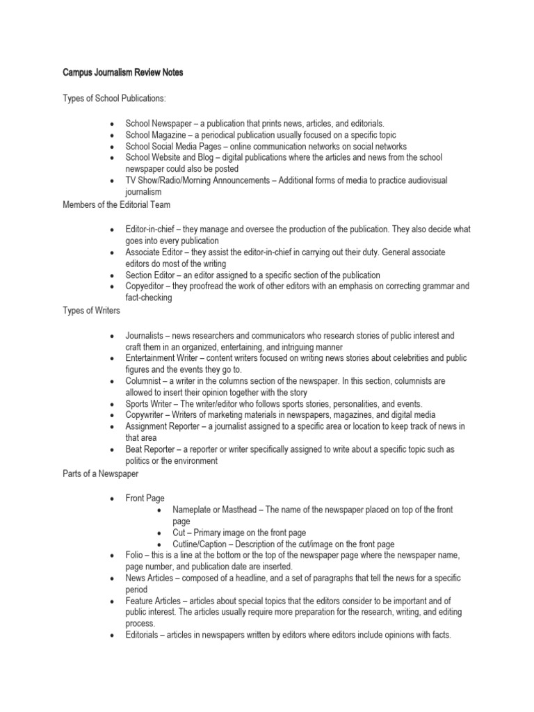 Campus Journalism Review Notes | PDF | Newspapers | Journalism
