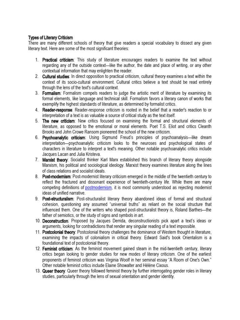 Types of Literary Criticism | PDF | Postmodernism | Psychoanalysis